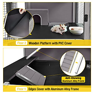 Aivituvin Guinea Pig Cage 2 Levels Wooden Rabbit Hutch with 2.36”Deeper Anti-Chewing Pull Out Tray Rat Cage with Hideout,Aluminium Alloy Edge…