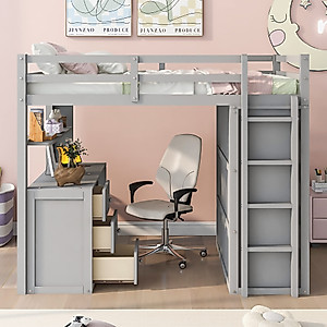 Harper & Bright Designs Full Size Loft Bed with Desk and Wardrobe, Wooden Full Loft Bed with Storage Drawers for Girls Boys Teens,No Box Spring Needed,Grey