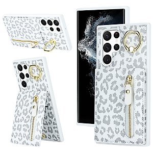 DEYHU Samsung Galaxy S22 Ultra Case with Card Holder for Women, Samsung Galaxy S22 Ultra phone Case Wallet with Credit Card with Ring Kickstand Zipper Shockproof Slim Stand Case - White Leopard