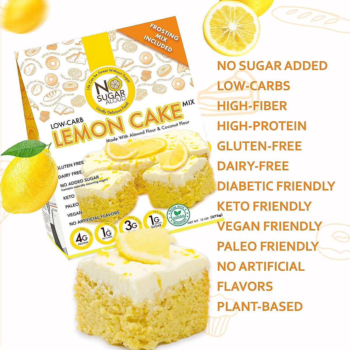 Lemon Low Carb Cake Mix, Gluten-Free & Plant-Based Keto Baking Mix, High Protein, High Fiber, Natural, No Artificial Flavors, Dairy-Free & Paleo-Friendly, No Added Sugar, 13oz - No Sugar Aloud