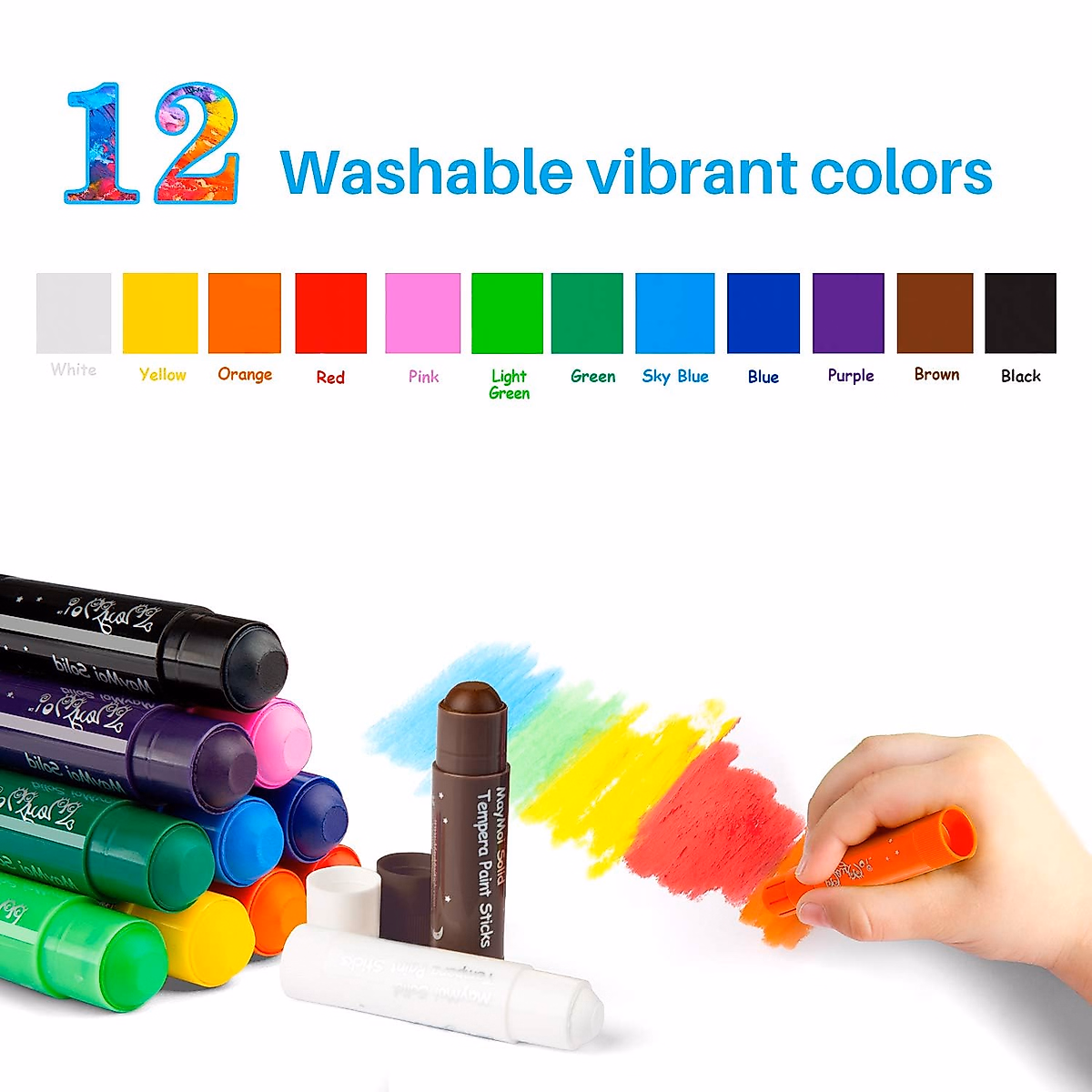 MayMoi Tempera Paint Sticks, Bright Colors Tempera Paint Sticks Quick Drying, Easy to Color and Washable Paint Crayons for Kids and Students (12 Colors)