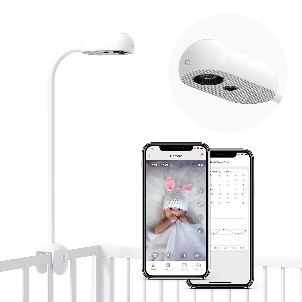 Cheego Smart Baby Monitor & Clip-On Mounting-HD Video Camera and Audio, 2-Way Talk, Nightlight and Night Vision, Room Humidity & Temp, Wake up & Crying Detection Works with Alexa