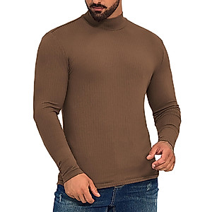 ZAFUL Mens Long Sleeve Turtleneck Undershirt Casual Knit Pullover Thermal Sweater Shirts Ribbed Tee for Fall Winter Brown L