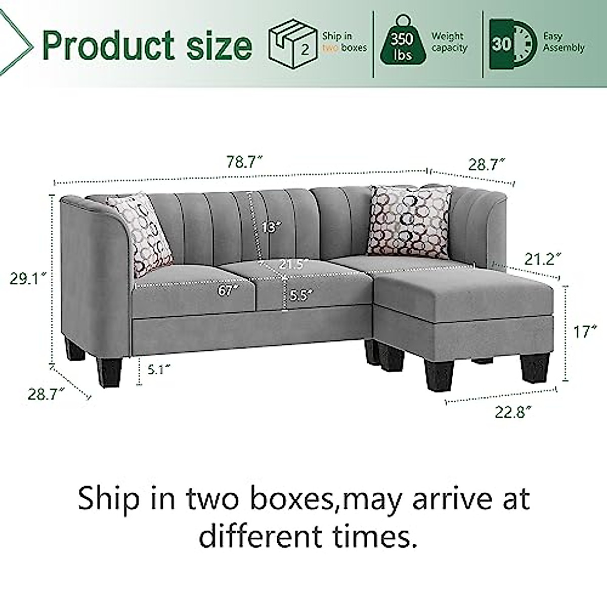 Shintenchi Upgraded Convertible Sectional Sofa Couch, 3 Seat L Shaped Sofa with High Armrest Linen Fabric Small Couch for Living Room, Apartment and Office (Grey)