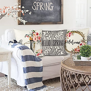 YGEOMER Farmhouse Pillow Covers 18x18 Set of 4, Gray Spring Pillow Covers, Farmhouse Flower Decorative Summer Throw Pillow Covers, Outdoor Home Decor