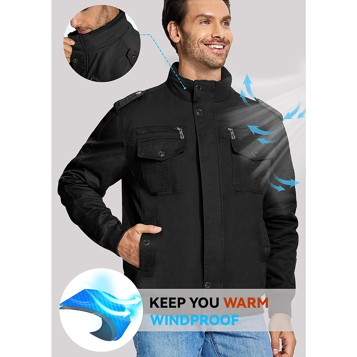 EKLENTSON Mens Winter Jacket Military Jacket Men Cargo Jacket Men Fleece Thick Jackets Winter Coat Men Black Jacket for Men