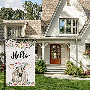 Hello Linen Garden Flag, Cow Wreath pattern Garden Flag, Farm Animals Pasture Summer Rural Wildlife Beef Nature Bovine Bull Cattle Seasonal Garden Flags for Patio Lawn Outdoor Home Decor Gift 12 X 18 Inch