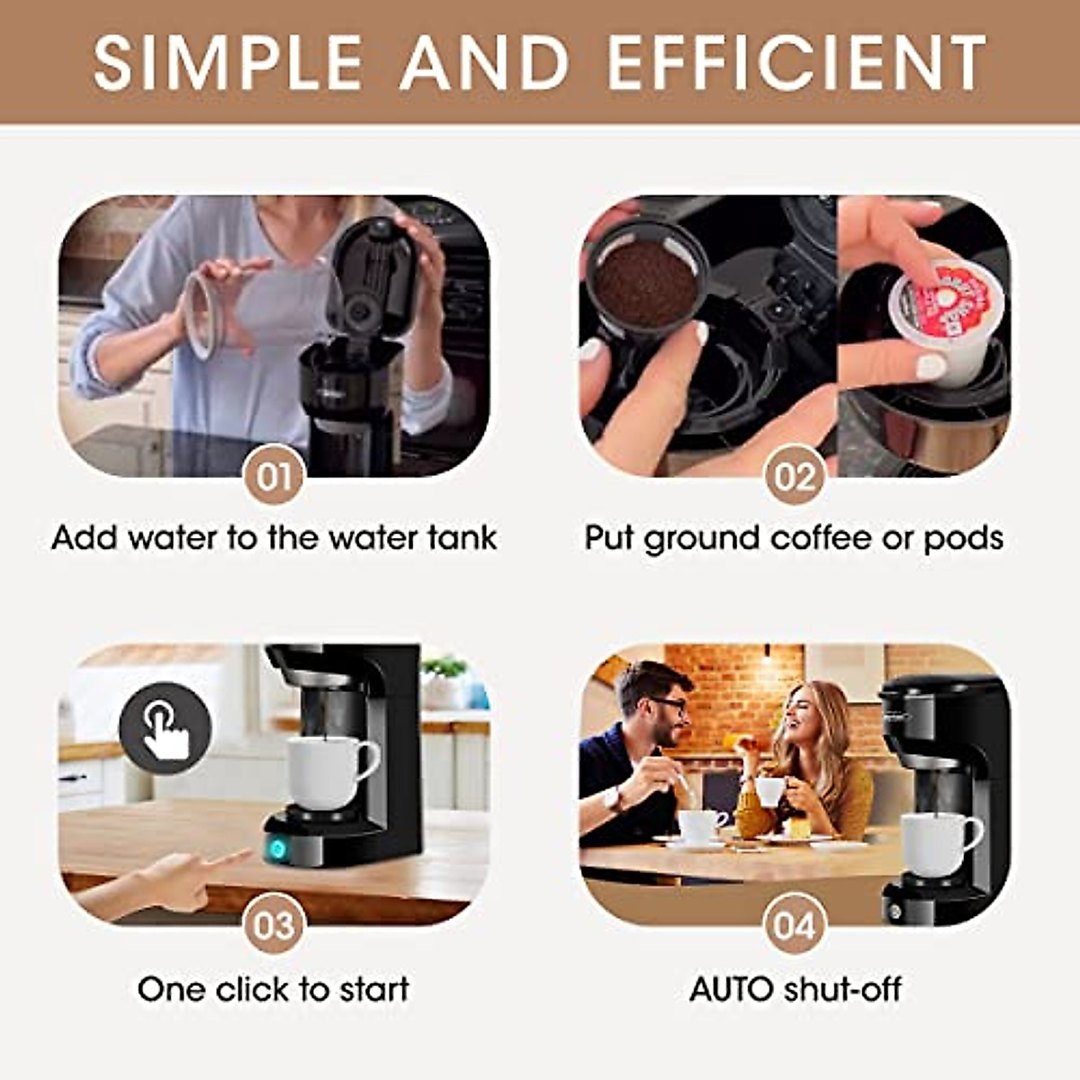 Single Serve Coffee Maker, K Cup Coffee Maker for Capsule Pod Ground Coffee, 1000W Single Cup Coffee Maker with Permanent Filter 6-14oz Reservoir One-Touch Button Fast Brew & Auto Shut Off, Black