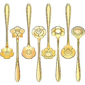 8 Pieces Flower Spoon Coffee Teaspoon Set Stainless Steel Tableware Creative Sugar Spoon Tea Spoon Stir Bar Spoon Stirring Spoon, 8 Different Patterns (Gold)