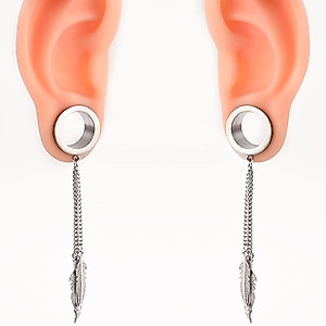 DOEARKO 2PCS Fashion Feathers Design Gauges for Ears Tunnels Dangle Chain Expander Stretchers Earrings 2g to 1 inch (10mm(00G), Silver)