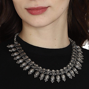 athizay Chunky Necklace Choker for women Indian oxidised silver fashion jewelry tribal inspired antique textured Chokers Metal jewellery (Flax Seed Bead)