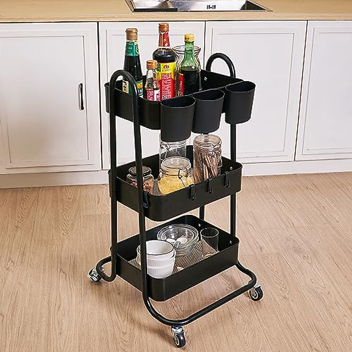 IAMFAN 3-Tier Metal Rolling Utility Cart,Storage Carts with Handle and Lockable Wheels,Art Cart Organizer,Craft Cart,Roller Cart for Office,Bedroom,Living Room,Kitchen,Bathroom,Black