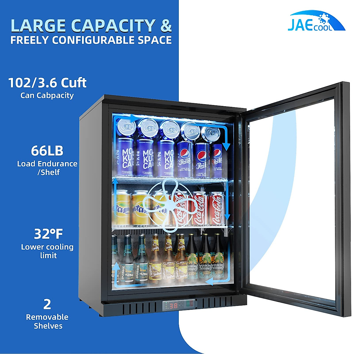 JAECOOL Back Bar Cooler Commercial Counter Height Refrigerator with Glass Door, 3.6 cu ft Beverage Cooler Undercounter Refrigerator, Commercial Display Fridge, Auto-defrost,Eco-friendly Compressor,ETL