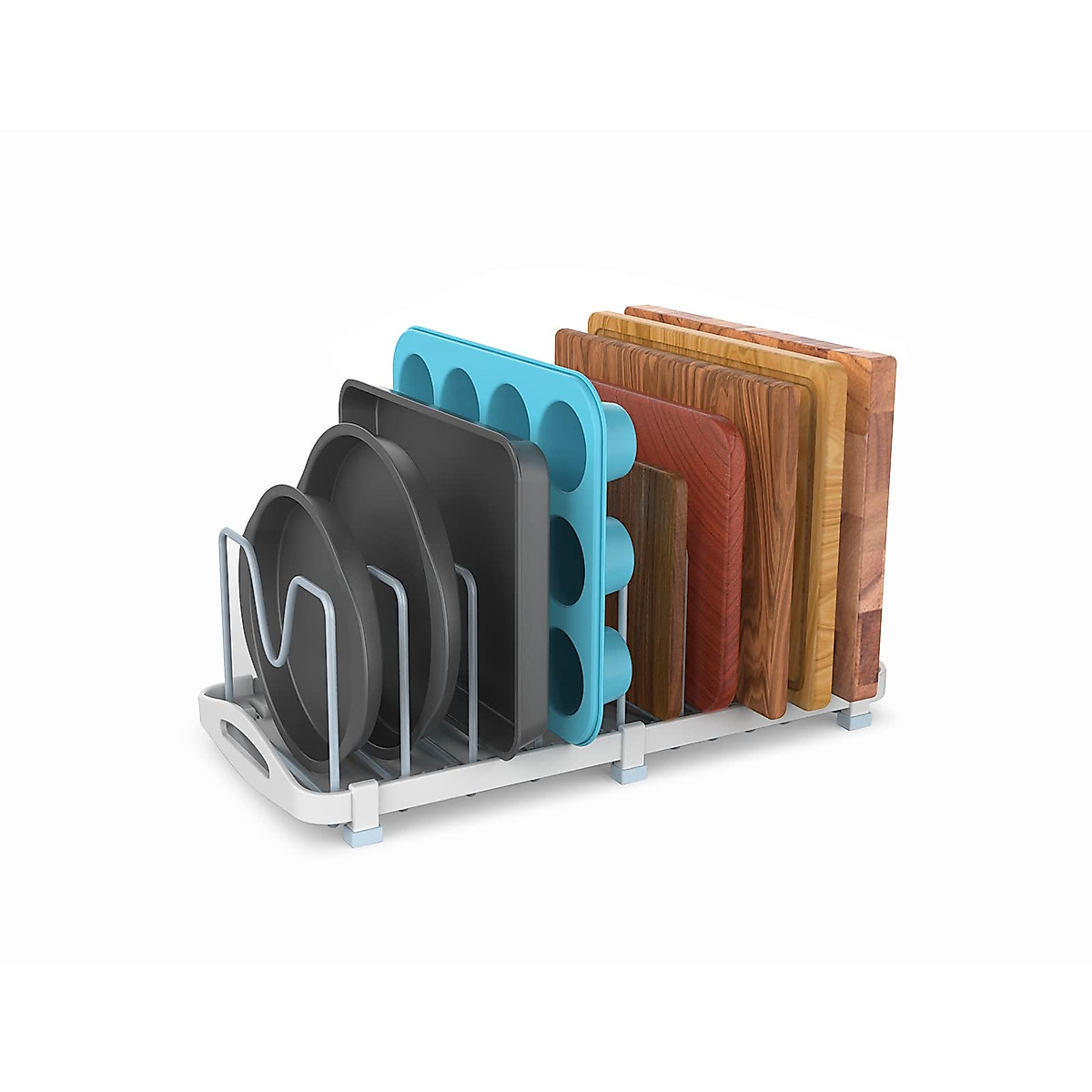 EVERIE Adjustable Bakeware Organizer Pot Lid Holder Rack for Pots, Cake Molds, Cutting Boards, Mats, Cookware, Large 7.7'' W x 16.1'' D x 6.3'' H