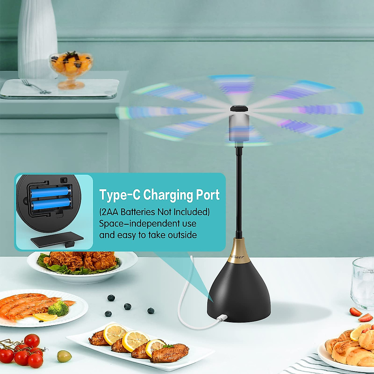 Neijiaer Fly Fans for Tables, Practical Fly Repellent Fan with Soft Blades, USB or Batteries Powered, Soundless and Portable Fly Fan Keeps Your Food Clean(4 Pack)