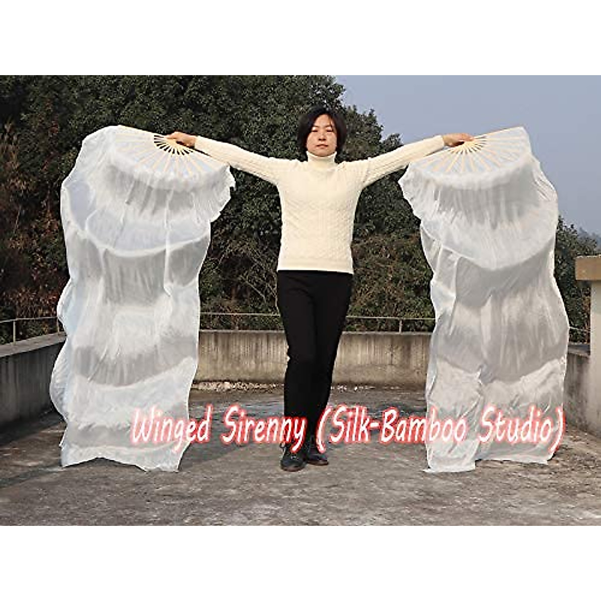Winged Sirenny Belly Dance Silk Fan Veils Adjustable Pairs, 70"(180 cm) Worship Praise Flags Streamers(white)