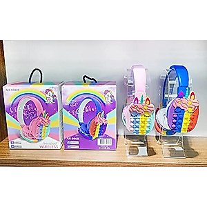 Wireless Bluetooth Noise Cancelling Over-Ear Headphone Silicone Fidget Pop Built-in Mic On-Ear Stereo Headset for Smartphone Tablet Computer (Rainbow Unicorn)