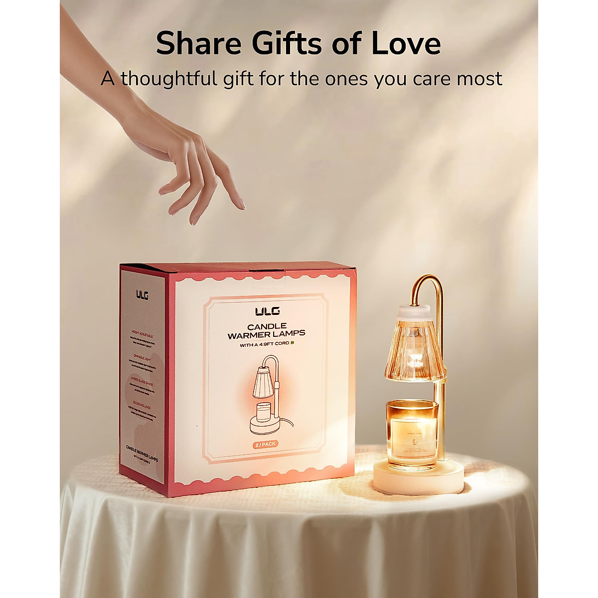 ULG 2-Pack Candle Warmer Lamp with Dimmer, Lamp Candle Heater with 4 Bulbs for 3 Wick Candles, Height Adjustable Candle Melter Light for Scented Wax, for Her/Mom, Amber