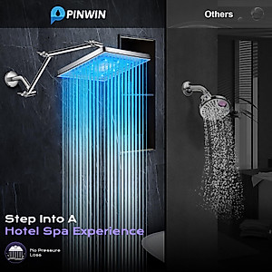PinWin Shower Head, 8'' LED Rain Shower Head with 16'' Adjustable Extension Arm, Rainfall Style Water Spray, LED Shower Head Water Temperature Controlled Color Changing,Chrome