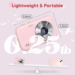 Digital Camera, FHD 1080P Kids Camera 44MP Point and Shoot Camera 16X Zoom Compact Small Photography Camera for Kids with 32G Card & 2 Batteries Portable Camera Gift for Girl Boy Students Teens (Pink)