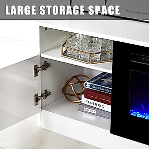 AMERLIFE TV Stand with Fireplace, LED Light Entertainment Center with 36" Electric Fireplace, 70" Modern Wood Entertainment Stand with Highlight Storage Cabinet for TVs up to 80", White & Black