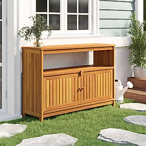 vidaXL Patio Console Table 43.3"x13.8"x29.5" - Solid Acacia Wood Indoor/Outdoor, Rustic Farmhouse Style, Storage Shelf & Compartment Doors, Brown