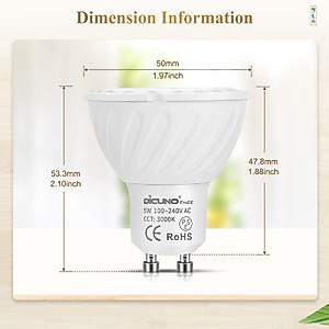 DiCUNO ProOE GU10 LED Bulb High CRI 98, 50W Halogen Equivalent, Flicker-Free Eye-Protection, Warm White 3000K, 5W GU10 Spotlights Bulbs 350LM Non-dimmable for Track, Recessed Lighting, 6 Pack