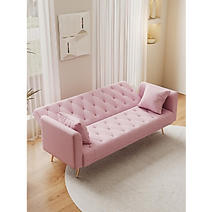 TZXTW Comfy Loveseat with Adjustable backrest,Convertible Sleeper Sofa Bed with Gold Leg and 2 Pillows,Upholstered Futon Sofa,Small Couches for Small Spaces,Living Room,Bedroom,Apartment,Office,Pink