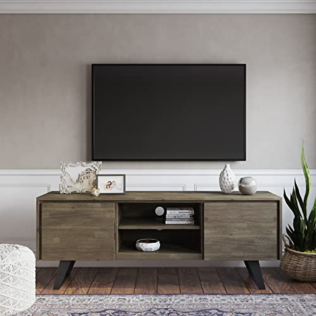 SIMPLIHOME Lowry SOLID WOOD Universal TV Media Stand, 63 inch Wide, Modern Industrial, Living Room Entertainment Center with Storage, for Flat Screen TVs up to 70 inches in Distressed Grey