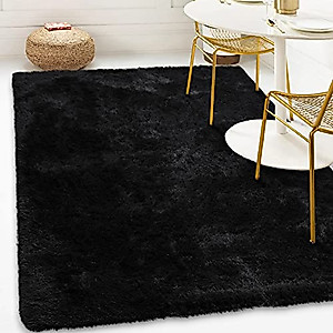 GlowSol Shag Area Rug for Living Room Soft Fuzzy Area Rug Thick Faux Fur Rug Luxury Fluffy Area Rug High Pile Carpet Baby Care Crawling Carpet, Black, 5×8 Feet