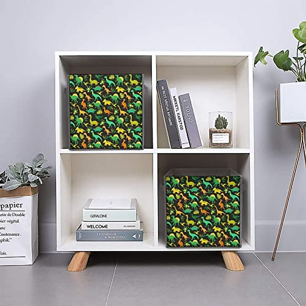 Cartoon Dinosaurs and Tropial Palm Large Cubes Storage Bins Collapsible Canvas Storage Box Closet Organizers for Shelves