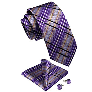 DiBanGu Men's Purple Plaid Tie and Pocket Square Tie Set Classic Checkered Lilac Purple Necktie