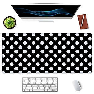 SSOIU Extended Gaming Mouse Pad (35.5x15.7 in), Large Stable Rubber Base Mousepad with Stitched Edges, Keyboard Mouse Mat Desk Pad for Work, Game, Office, Home - Black and White Polka Dot