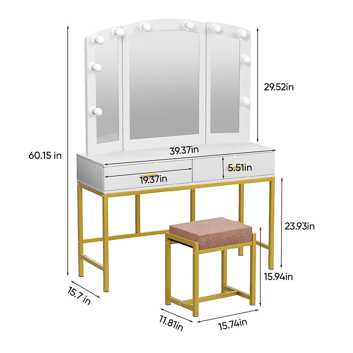 Semiocthome White Makeup Vanity Desk with Mirror and Lights, Make Up Vanity with Power Strip, 39.4" W Vanity Table with 2 Drawers and Stool for Girls, Vanity Set with Gold Metal Frame for Bedroom