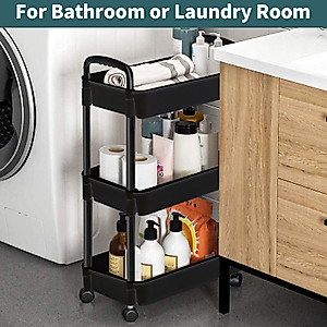 EZ Cozy 3 Tier Rolling Cart, Plastic Rolling Utility Cart with Wheels, Laundry Room Organization, Rolling Storage Cart Organizer, Easy Assemble Bathroom Organizer for Kitchen, Room, Office (Black)