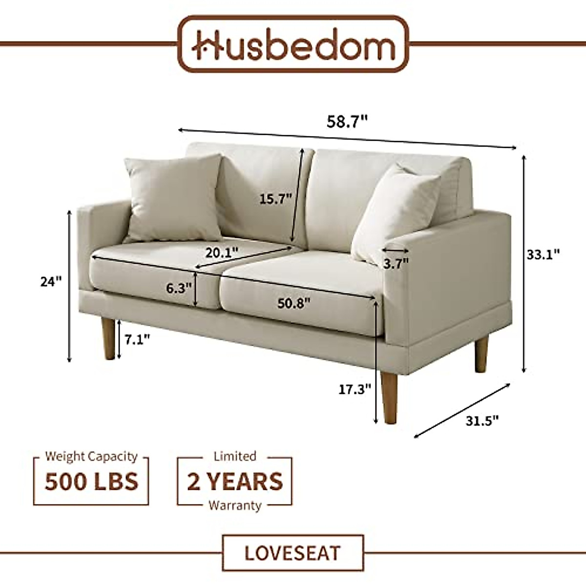 Husbedom 59" Loveseat Sofa, Modern Small Couches for Small Spaces, Living Room, Bedroom, Apartment, Dorm, with Throw Pillow, Beige