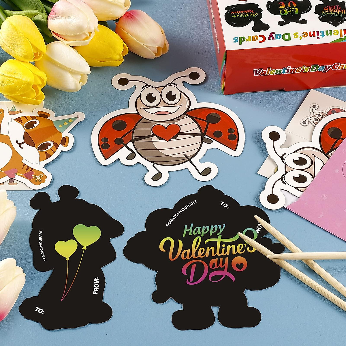 Valentines Cards for Kids 32Pack with Scratch Paper, Wooden Stylus, Envelopes, Temporary Tattoos, Rainbow Scratch Art Kids Valentines Cards Valentines Gifts for Boys Girls Classroom School Exchange
