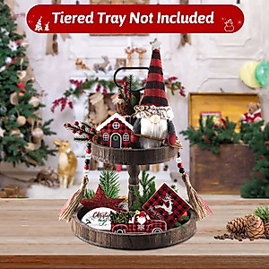 Christmas Tiered Tray Decorations Set - 13 Pcs Farmhouse Decor with Gnomes Plush, Wooden Signs, Bead Garland for Home Table