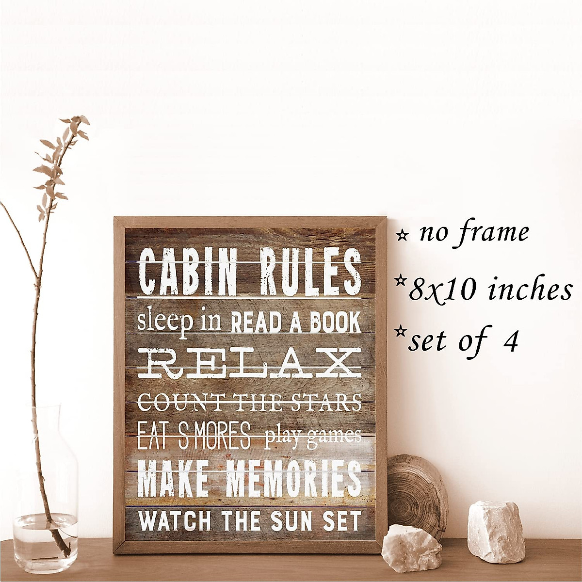 VNWEK Cabin Rules Life Is Better At The Cabin Wood Grain Wall Art Poster Prints Unframed 8”x10”Set Of 4,Cabin Themed Decorations for Home Cabin Front Porch Lake House Porch,Cabin Lovers Gifts
