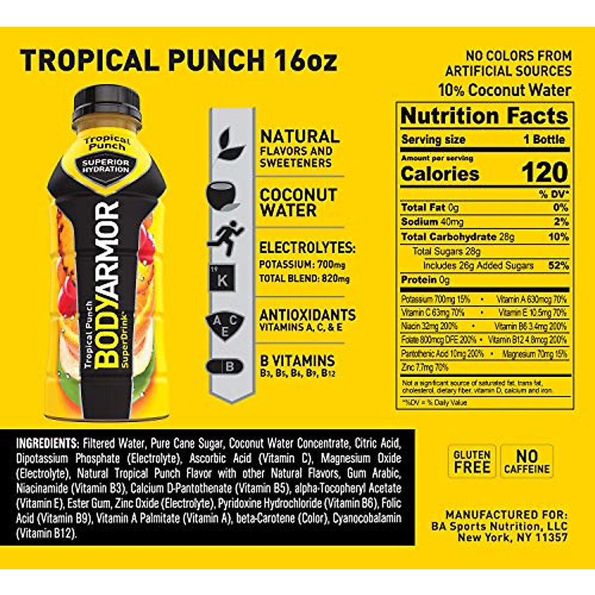 BODYARMOR Sports Drink Sports Beverage, Tropical Punch, Natural Flavor With Vitamins, Potassium-Packed Electrolytes, Perfect For Athletes, 16 Fl Oz (Pack of 12)