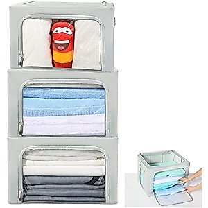 HOUSE AGAIN 3Pcs Clothes Storage Bins, Stackable Shelf Bags/Boxes, Closet Organizers and Storage, Metal Frame Clear Front and Durable Zipper, Bedding, Blankets, Grey(36L)