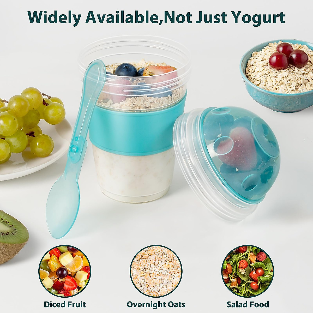 Freshmage Yogurt Parfait Cups with Lids, 2 Pack 20 oz Reusable Overnight Oats Containers with Lids, Topping Compartment & Spoon to Go for Breakfast Meal Prep, Portable & Lightweight (Blue&Green)