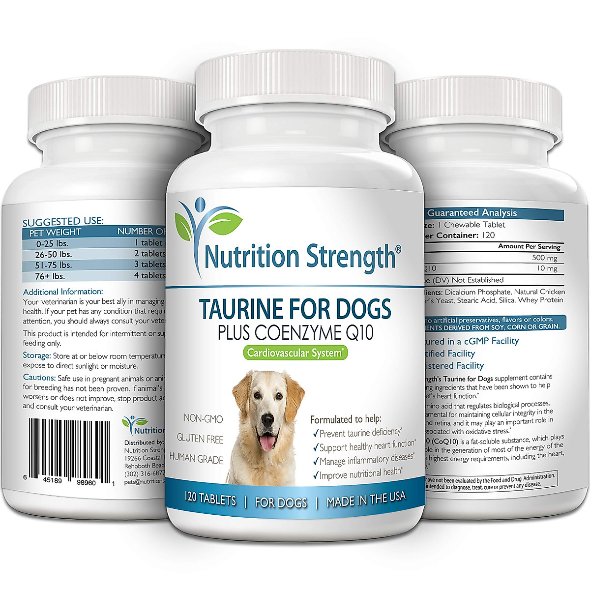Nutrition Strength Taurine for Dogs, Support for a Healthy Heart Function, Resist Inflammatory Diseases, with Coenzyme Q10 to Help Manage Heart Failure and DCM in Dogs, 120 Chewable Tablets