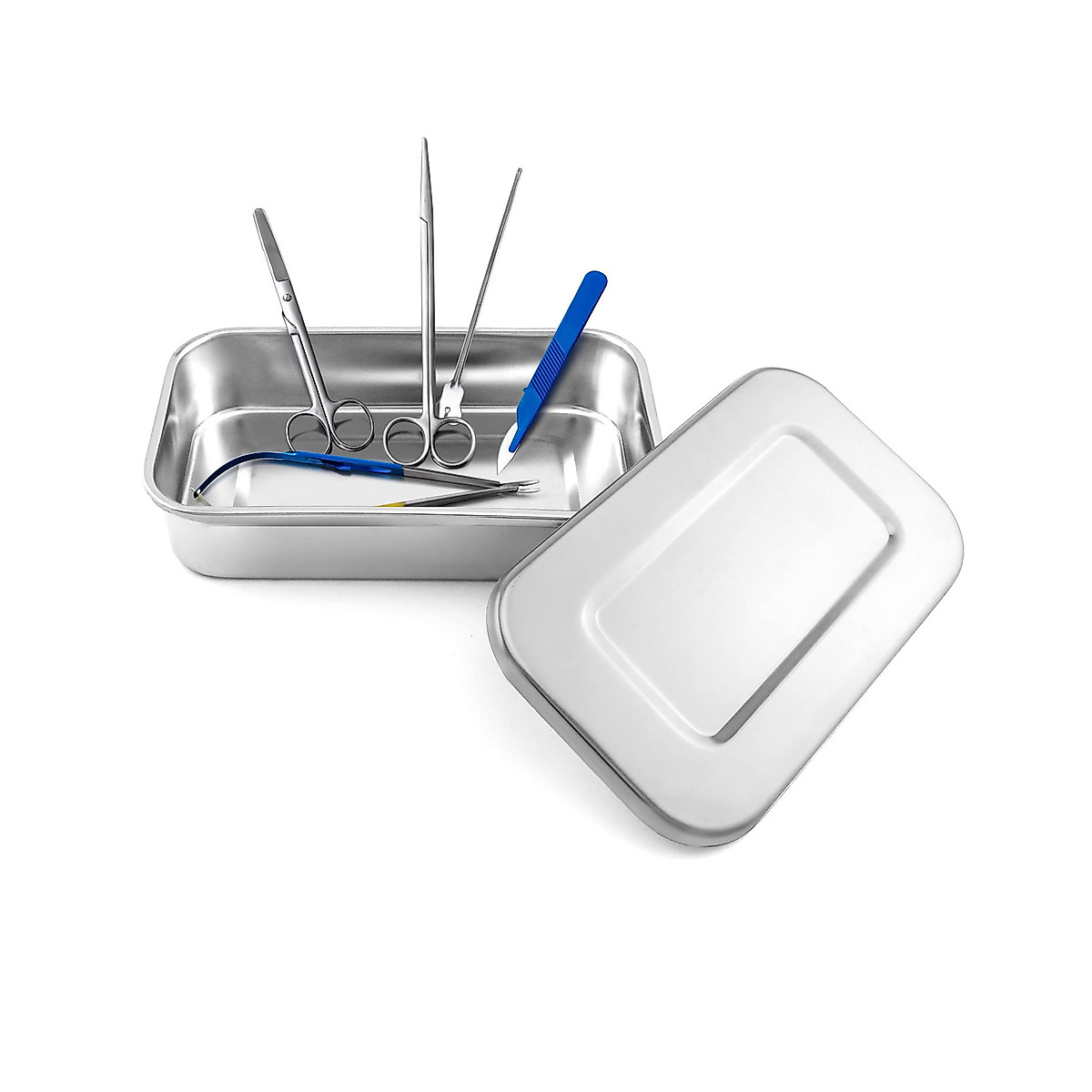 QWORK Stainless Steel Instrument Tray Organizer with Lid, 2 Pack, 8" Container, Instruments Solid Box, Square Sterilization Box Container for Lab Instrument Supplies