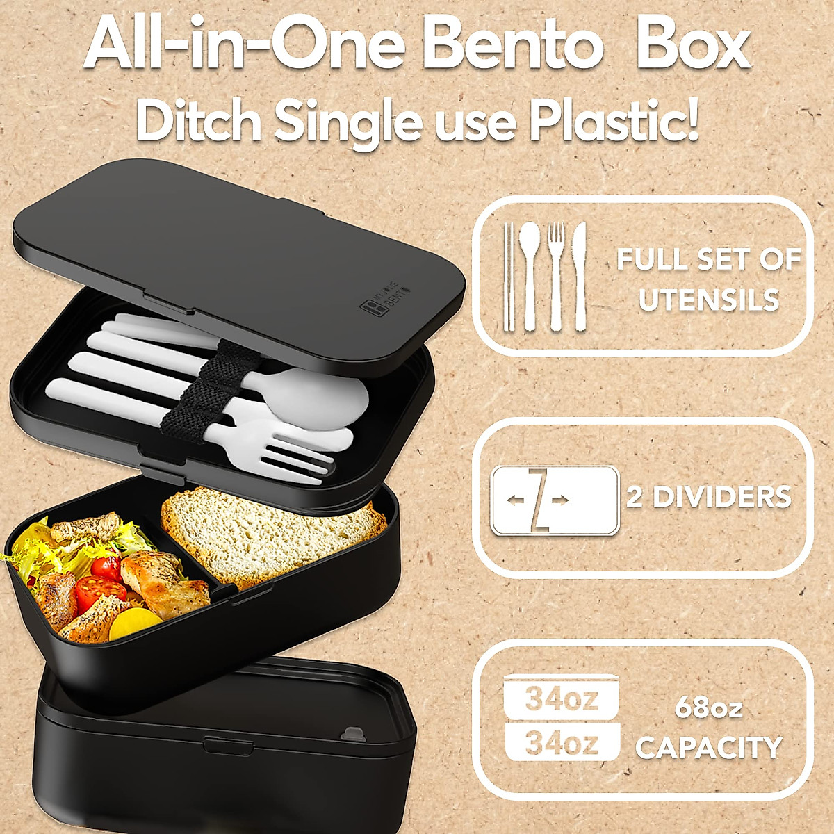 My Jolie Bento - All-in-One Double Layer Bento Lunch Box with Movable Dividers, Leakproof Lunch Container with Included Utensils, Microwave Safe, Perfect for Adults, Ideal for Portion Control