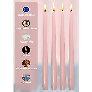 Hyoola Tall Taper Candles - 12 Inch Light Pink Unscented Dripless Taper Candles - 10 Hour Burn Time - 12 Pack