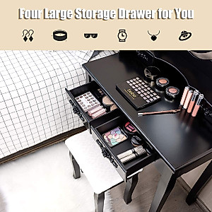 LDAILY Vanity Table Set w/Lighted Mirror, Makeup Vanity Table with 10 LED Lights, 4 Drawers & Oval Mirror, Bedroom Dressing White Black Dark Brown BC-HW66050US Vanity Table Set with Lighted Mirror