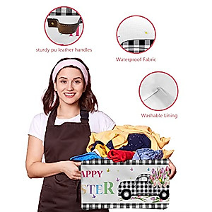 Storage Bins,Spring Truck Bunny Tail Pink Tulip Flower Black White Check Easter Storage Basket with Handles,Waterproof Collapsible Storage Bin,Rabbit Flower Butterfly Storage Organizer Shelves Closet