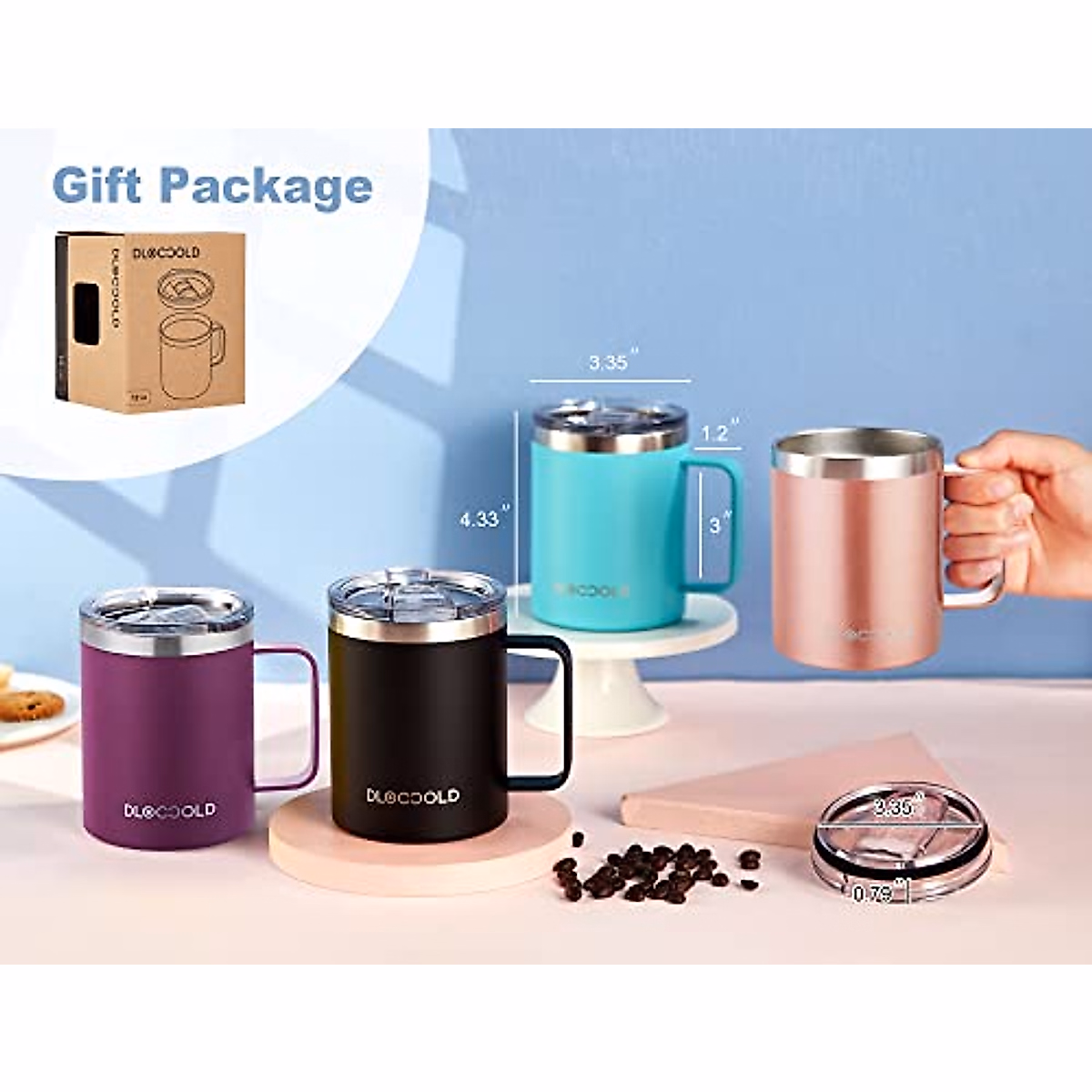 DLOCCOLD Insulated Coffee Mug with Handle 12 oz Stainless Steel Travel Coffee Cup with Lid Spill Proof Reusable Thermos Coffee Cups for Men Women