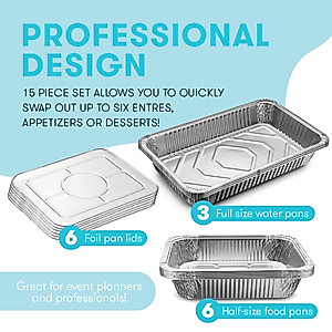 Disposable Chafing Dish Buffet Set Food Warming Trays - 3 Water Food Warmer Pans, 6 Foil Pans, 6 Lids - Buffet Set Trays Food Warmers for Parties & Events - Replacement Chafing Dishes for Catering